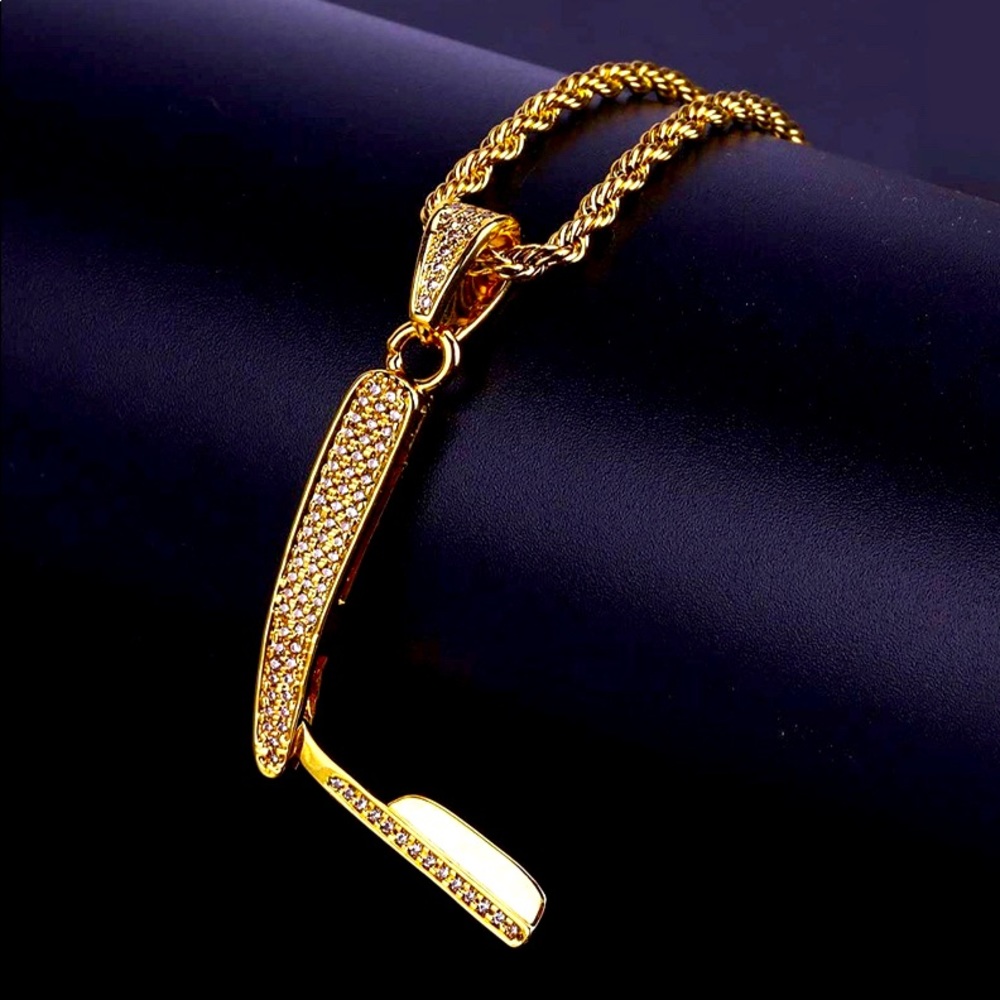 Iced Out 18k Gold Straight Edge Razor Pendant - Gem
